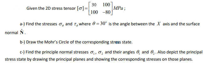 SOLVED: Given the 2 D stress tensor [σ]=[ 30 100 100 -80 ] MPa; a ...