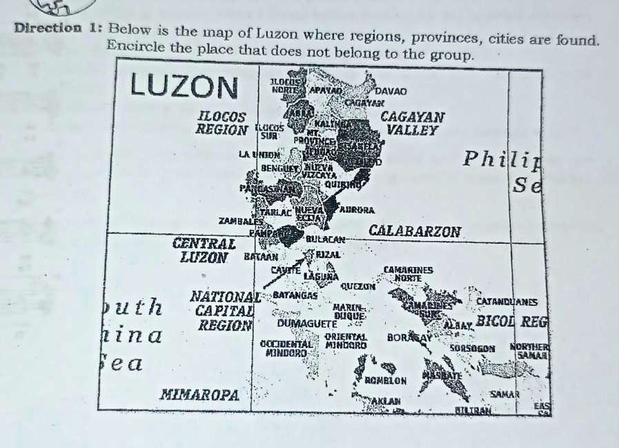 SOLVED: Direction 1: Below is the map of Luzon where regions, provinces ...