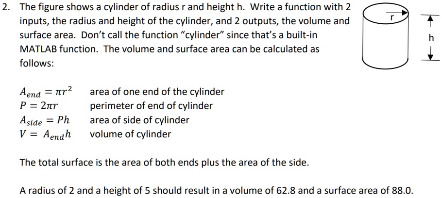 SOLVED: The figure shows a cylinder of radius r and height h: Write a function with 2 inputs ...