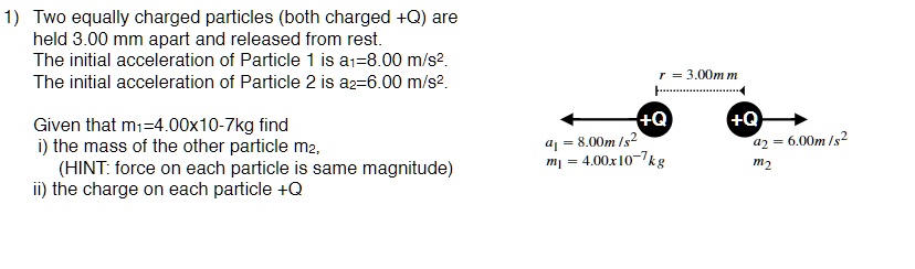 SOLVED: Two equally charged particles (both charged +Q) are held 3.00 mm apart and released from ...