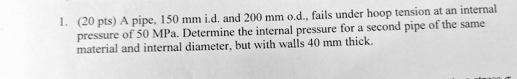 SOLVED: A pipe, 150 mm i.d. and 200 mm o.d., fails under hoop tension ...