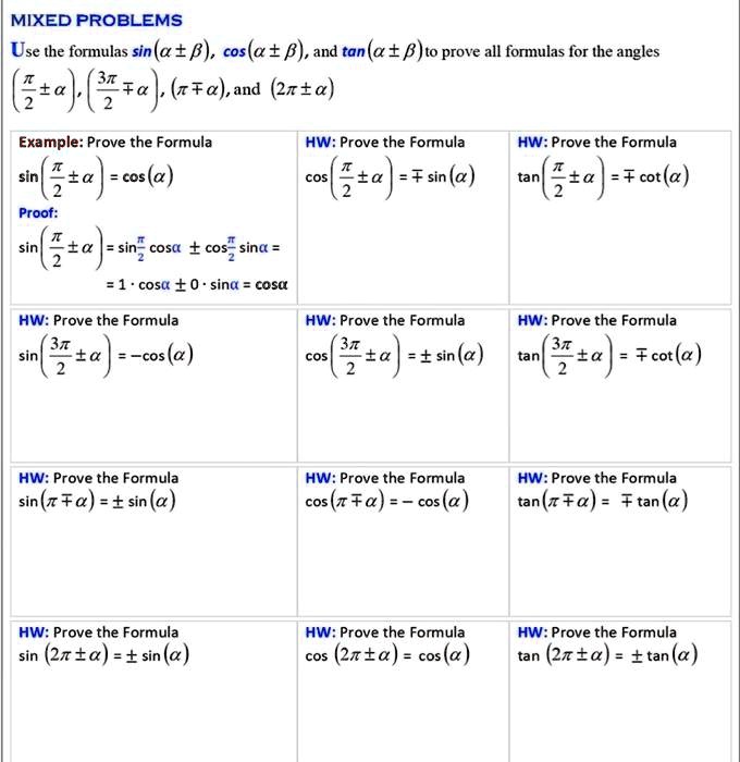 SOLVED: MIXED PROBLEMS Use the formulas sin(a * B), cos(a * B), and tan ...