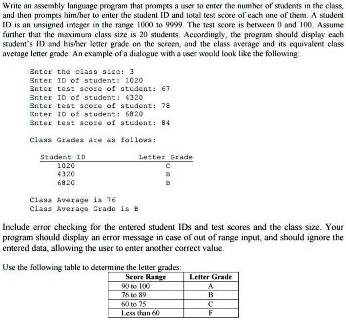 SOLVED: Write an assembly language program that prompts a user to enter the number of students ...