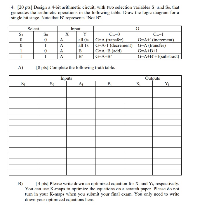 4. [20 pts] Design a 4-bit arithmetic circuit, with two selection ...