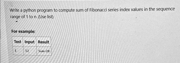 Get Answer Write A Python Program To Compute Sum Of Fibonacci Series Index Values In The