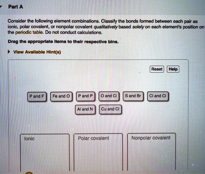 SOLVED: Consider the following element combinations. Classify the bonds formed between each pair ...