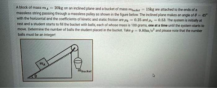 a block of mass m20kg on an inclined plane and a bucket of mass mocke15kg are attached to the ...