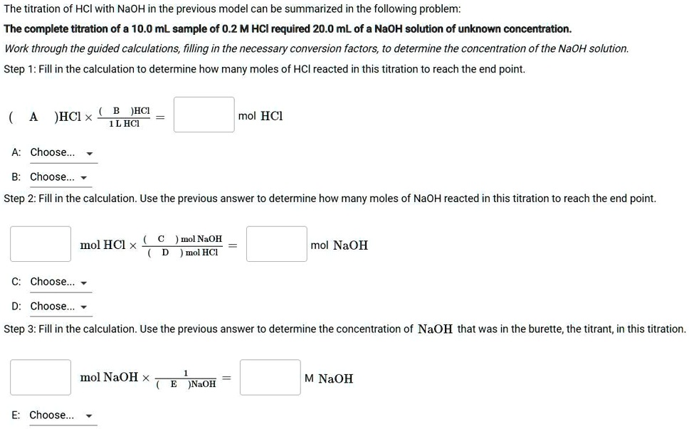the titration of hci with naoh in the previous model can be summarized in the following problem ...