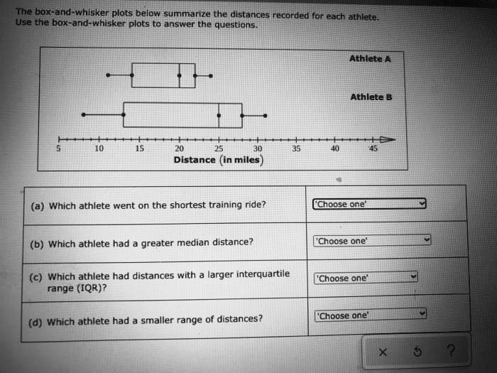 the box and whisker plots below summarize the distances recorded for ...
