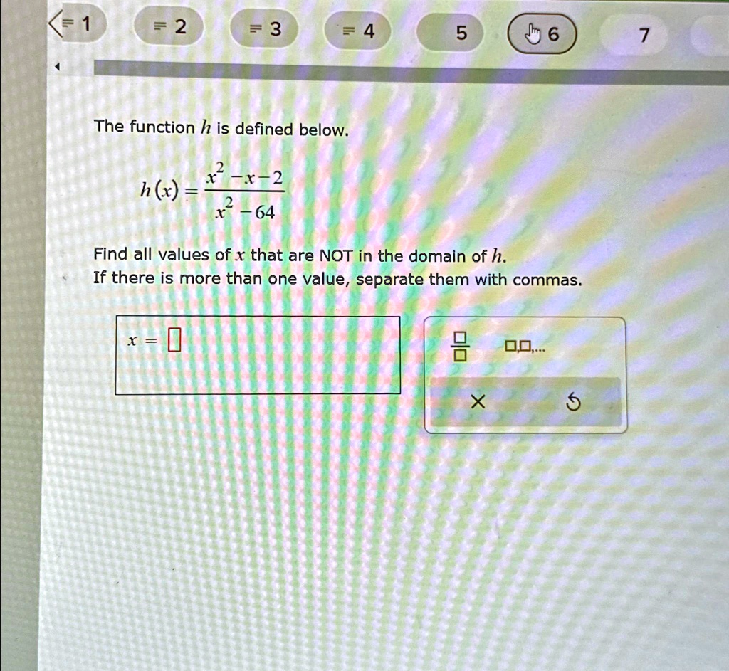 The function h is defined below. h(x) = (x^2 - x - 2)/(x^2 - 64) Find all values of x that are ...