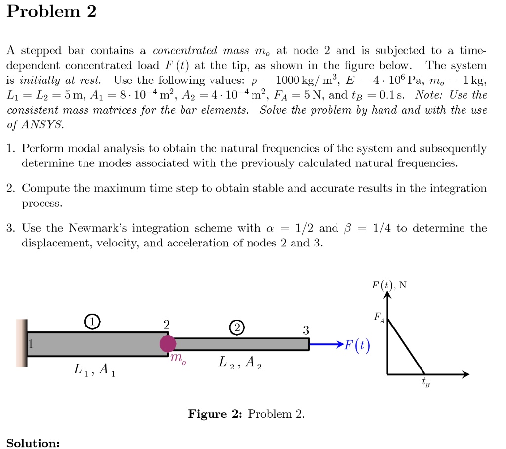 SOLVED: Problem 2 A stepped bar contains a concentrated mass mo at node 2 and is subjected to a ...