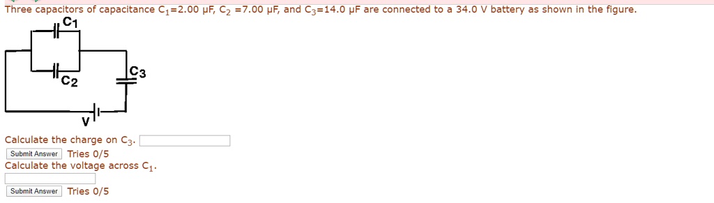 SOLVED: Three capacitors of capacitance C1=2.00 HF; Cz =7.00 HF; and C3=14.0 HF are connected to ...