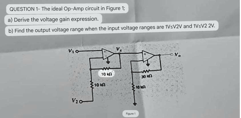 SOLVED: QUESTION 1- The ideal Op-Amp circuit in Figure 1; a) Derive the voltage gain expression ...