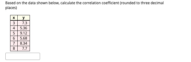 SOLVED: Based on the data shown below; calculate the correlation coefficient (rounded to three ...