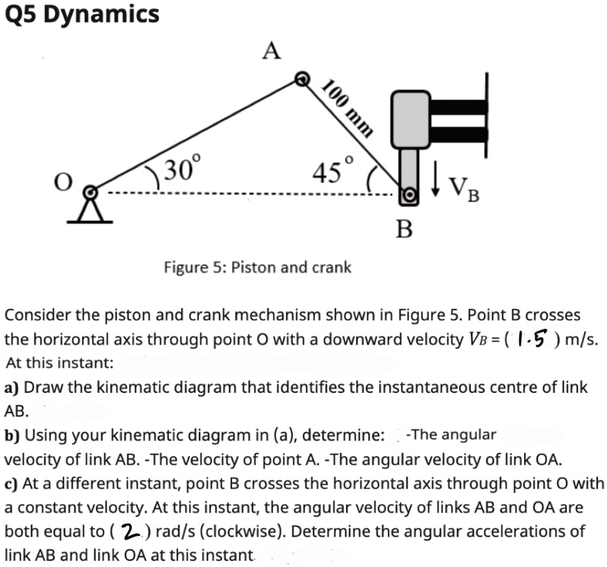 Q5 Dynamics A ? 100 mm 30° 45° O VB B Figure 5: Piston and crank ...