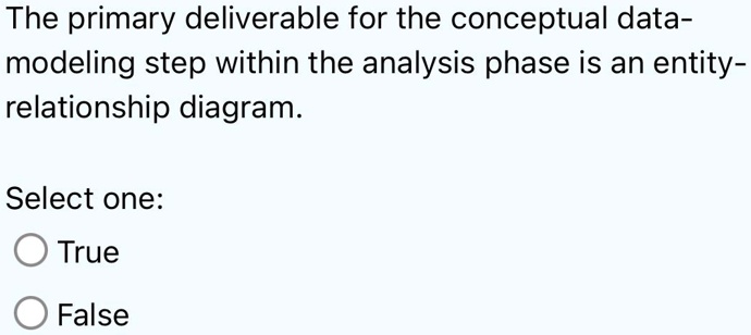 The primary deliverable for the conceptual data-modeling step within the analysis phase is an ...