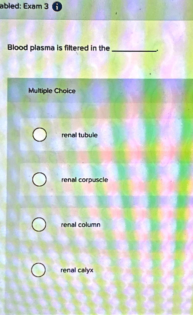 abled: Exam 3 (i) Blood plasma is filtered in the Multiple Choice renal ...