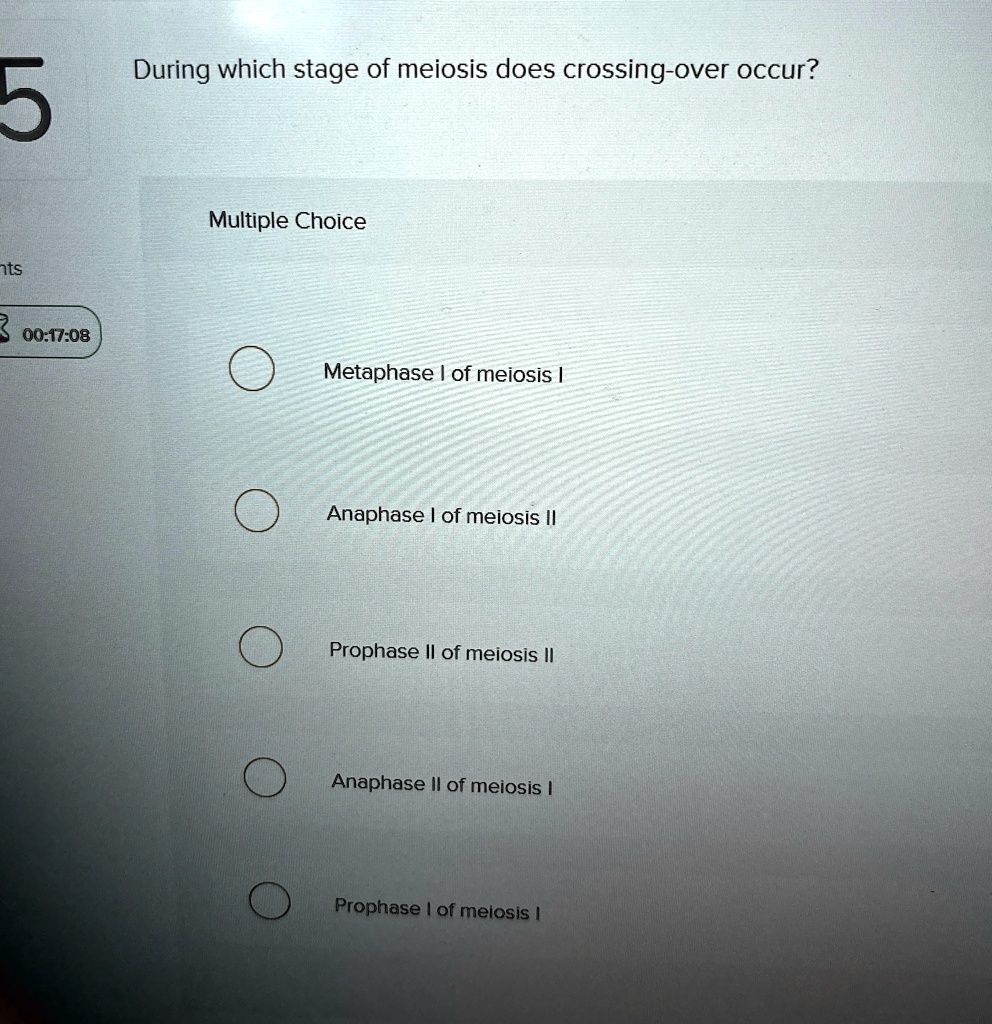 During which stage of meiosis does crossing-over occur? Multiple Choice ...