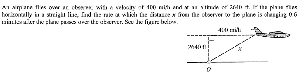 an airplane flies over an observer with velocity of 400 milh and at an ...