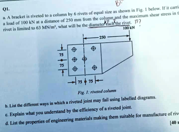 Q1. a. A bracket is riveted to a column by 6 rivets of equal size as ...