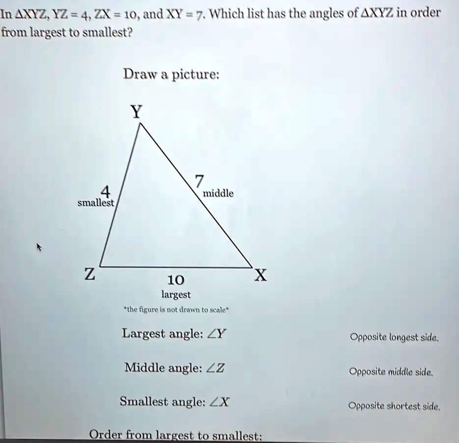 SOLVED: In AIZ, 1Z = +Z1 = 1, and AY = 7. Which list has the angles of A1YZ in order from ...