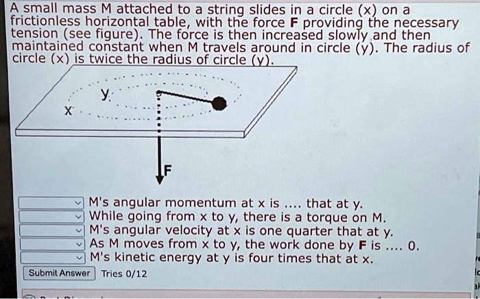 SOLVED: A small mass M attached to a string slides in a circle (x) on a frictionless horizontal ...