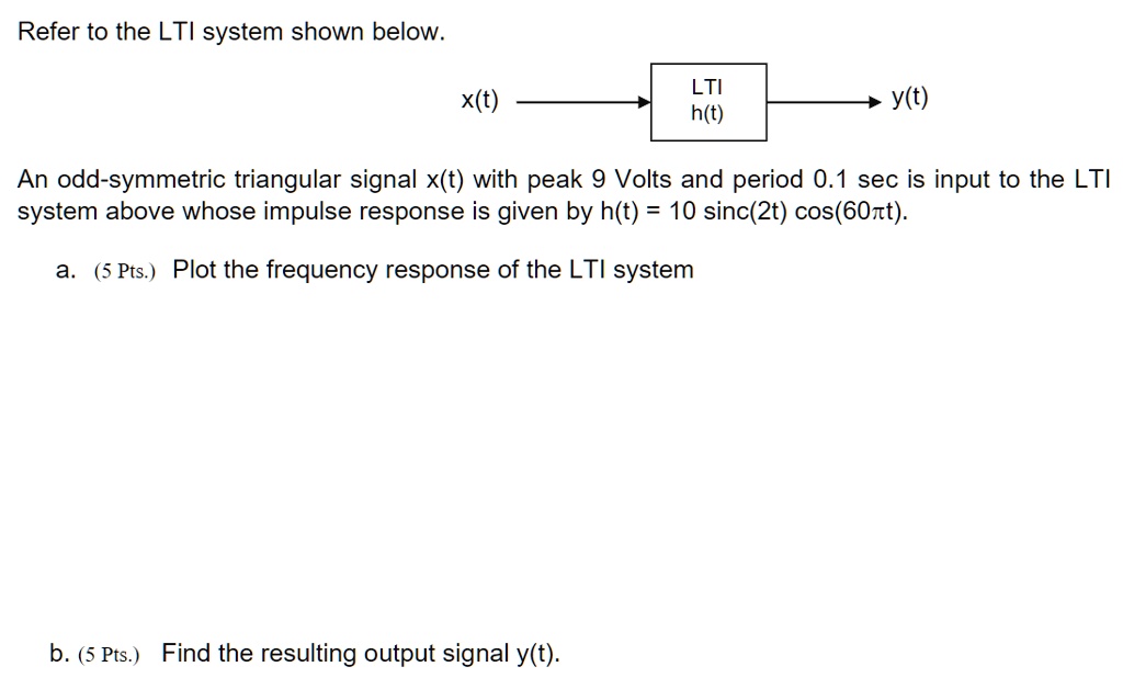 SOLVED: Refer to the LTI system shown below. LT h(t) x(t) y(t) An odd-symmetric triangular ...