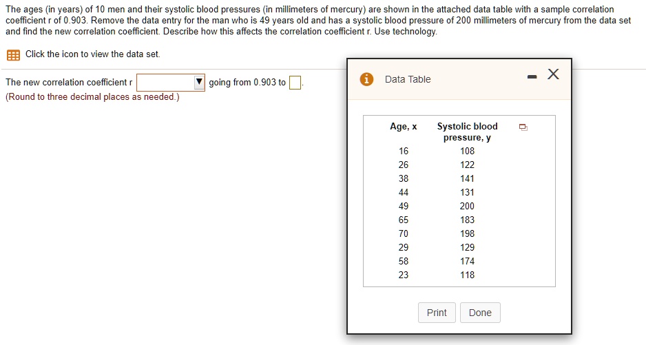 SOLVED: The ages (in years) of 10 men and their systolic blood pressures (in millimeters of ...