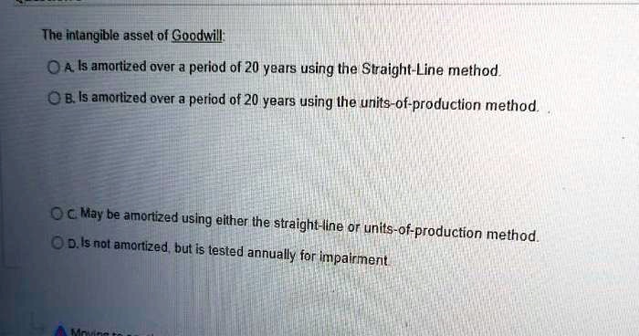 SOLVED: The intangible assel of Goodwill: Q4 Is amortized over a period ...