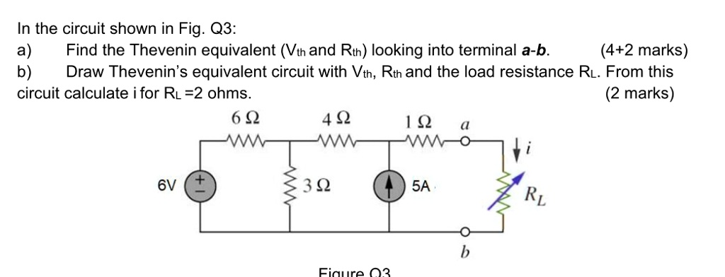 SOLVED: In the circuit shown in Fig. Q3: a) Find the Thevenin equivalent (Vth and Rth) looking ...