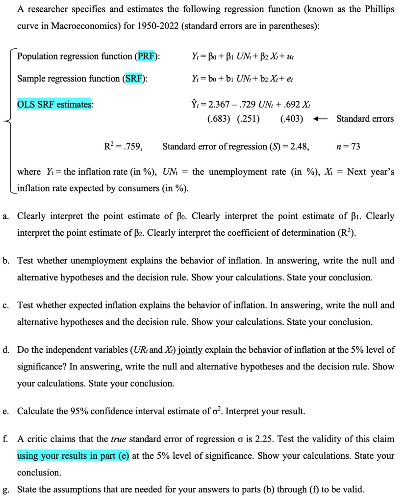 SOLVED: A researcher specifies and estimates the following regression ...