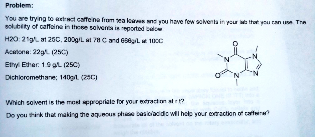 SOLVED: Problem: You are trying to extract caffeine from tea leaves and you have few solvents in ...