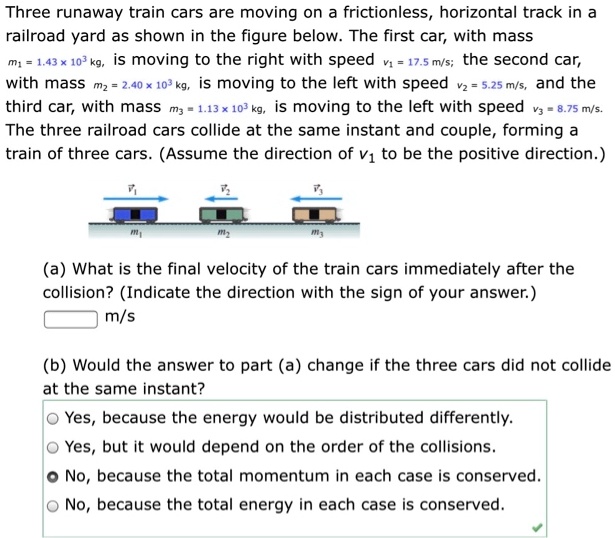 three runaway train cars are moving on a frictionless horizontal track ...