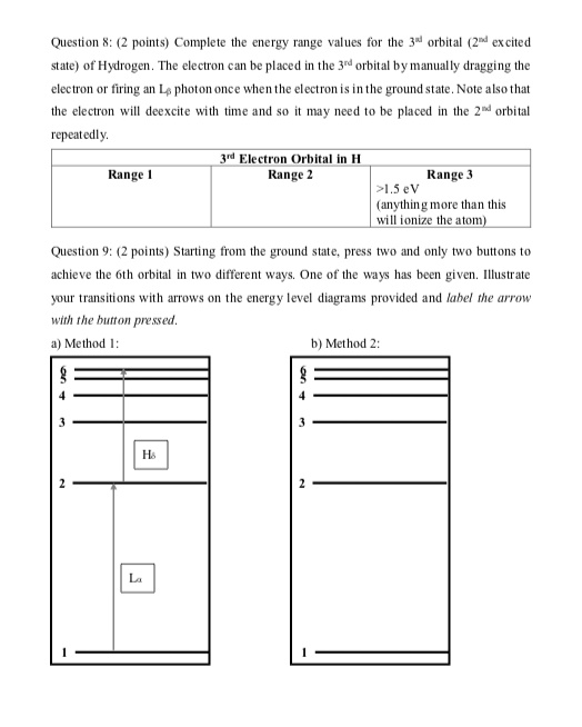 Question 8: (2 points) Complete the energy range values for the 3^rd orbital (2^nd excited state ...