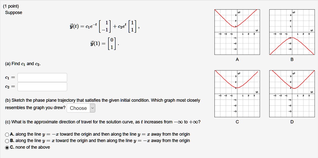 SOLVED: point) Suppose J(t) = C1e-t [43] + czet [4]' 3(1) = [2] Find C1 and C2 Sketch the phase ...