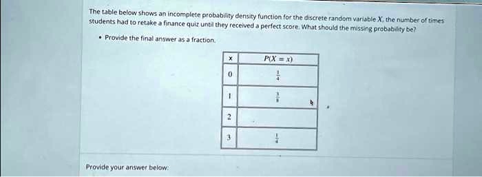 SOLVED: The table below shows an incomplete probability density function for the discrete random ...