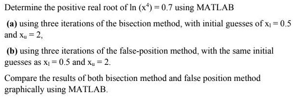 Determine the positive real root of ln (x?) = 0.7 using MATLAB (a ...
