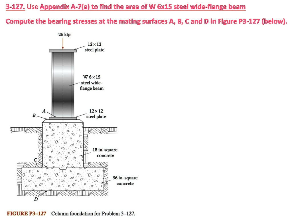 3-127. Use Appendix A-7(a) to find the area of W 6x15 steel wide-flange beam Compute the bearing ...