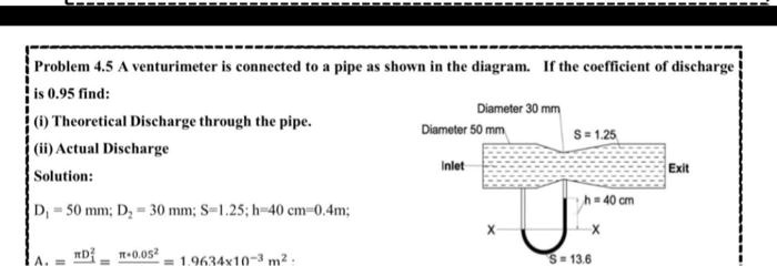 SOLVED: Problem 4.5: A venturi meter is connected to a pipe as shown in the diagram. If the ...