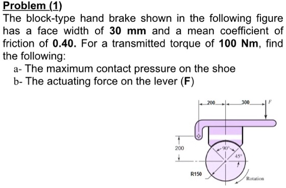 SOLVED: Problem (1) The block-type hand brake shown in the following ...