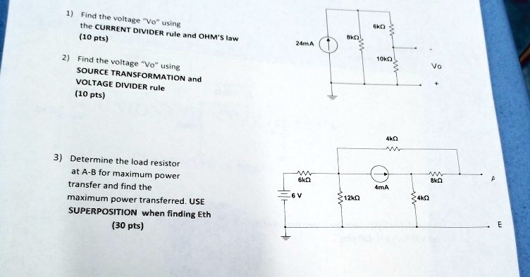 SOLVED: 1) Find the voltage Vousing (10 pts) the CURRENT DIVIDER rule ...