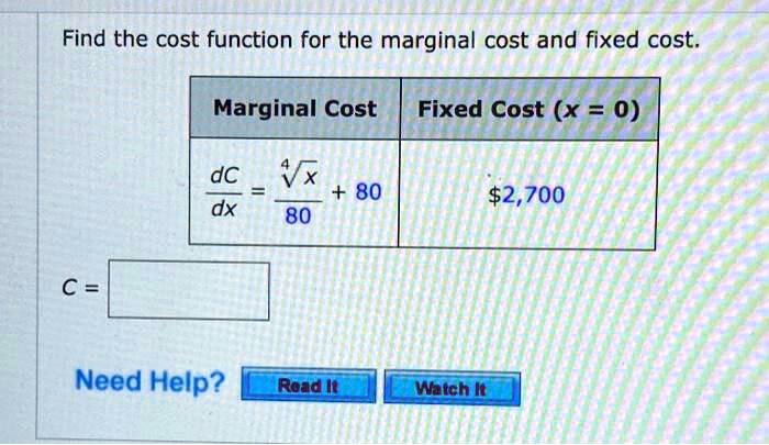 SOLVED: Find the cost function for the marginal cost and fixed cost ...