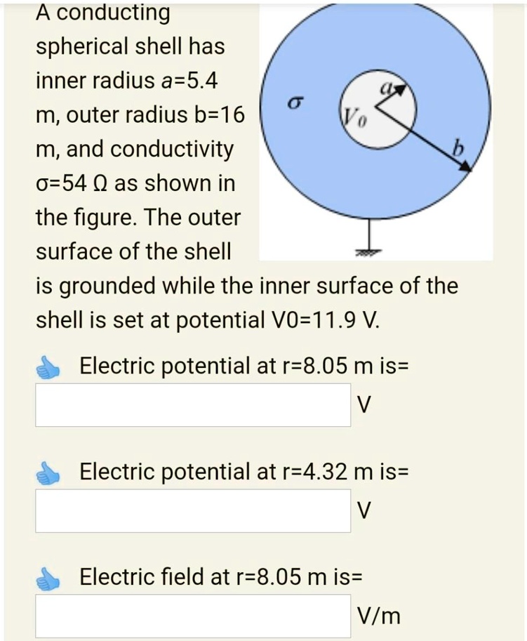SOLVED: A conducting spherical shell has inner radius a=5.4 1 m, outer radius b=16 m, and ...