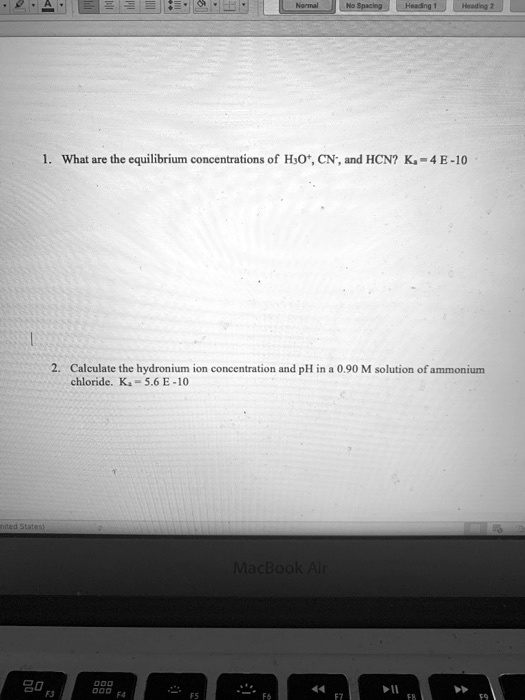 1. What are the equilibrium concentrations of H3O^+, CN^-, and HCN? Ka = 4 E-10 2. Calculate the ...