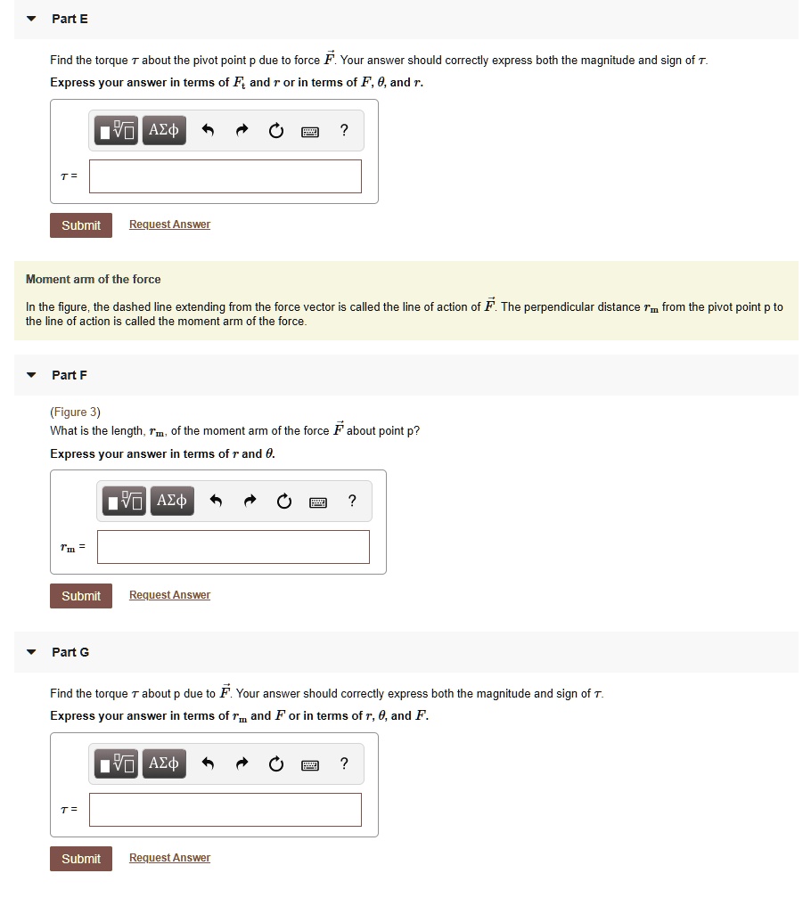 part e find the torque about the pivot point due to force f your answer ...