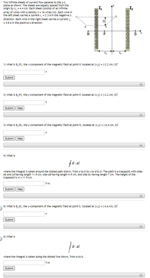 SOLVED: Two infinite sheets of current flow parallel to the y-z plane as shown. The sheets are ...