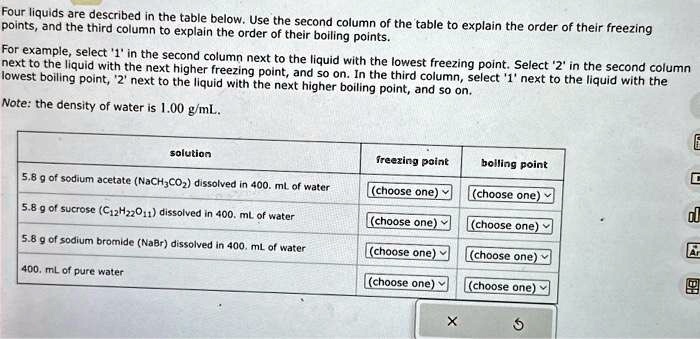 SOLVED: Texts: Four liquids are described in the table below. Use the ...