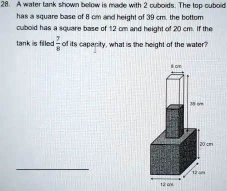 28. A water tank shown below is made with 2 cuboids. The top cuboid has ...