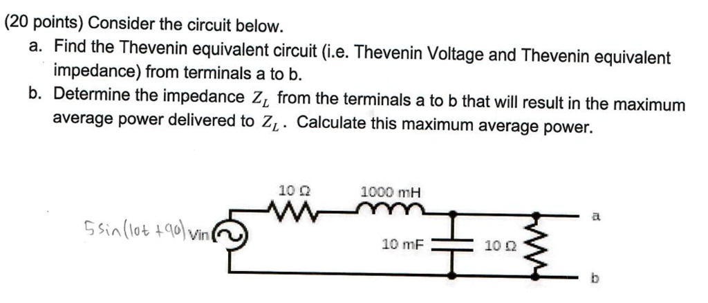(20 points) Consider the circuit below. a. Find the Thevenin equivalent circuit (i.e. Thevenin ...