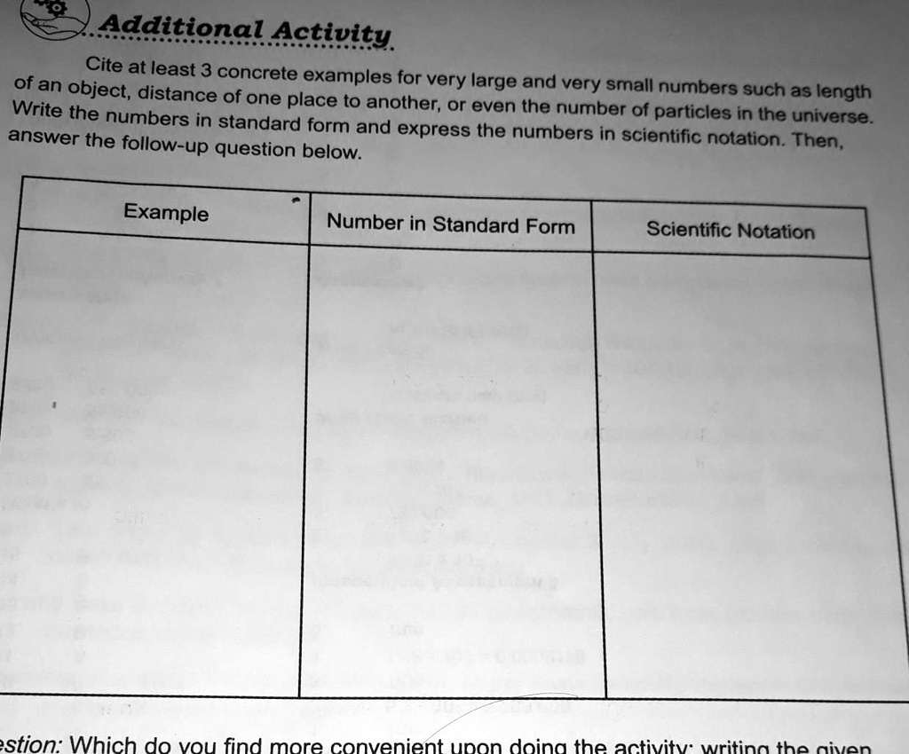 SOLVED: Additional Activity. Cite at least 3 concrete examples for very large and very small ...